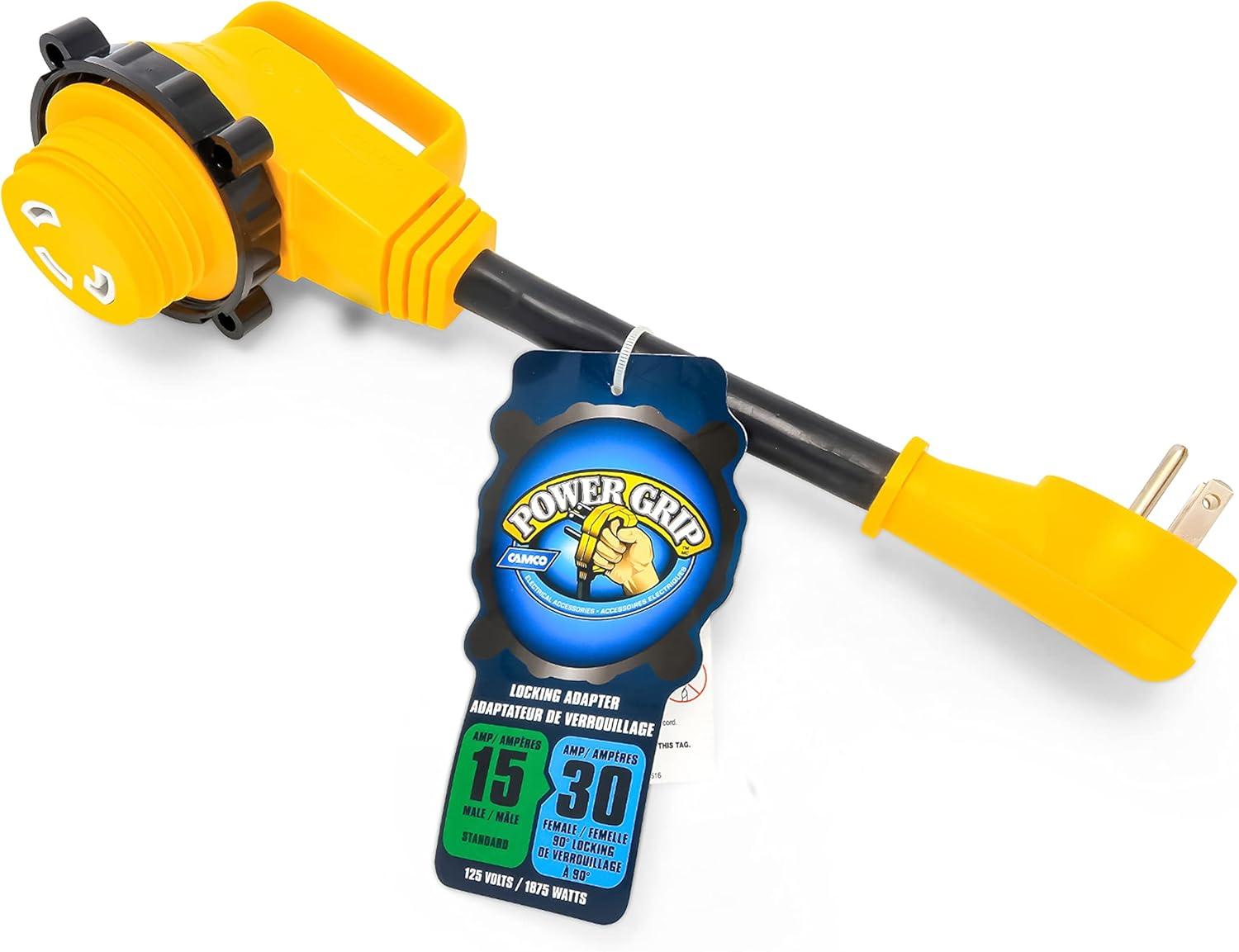 Camco 55636 Power Grip 12″ Dogbone with 90M/90F Locking Adapter – 15AM – 30AF, Yellow(One Size ...