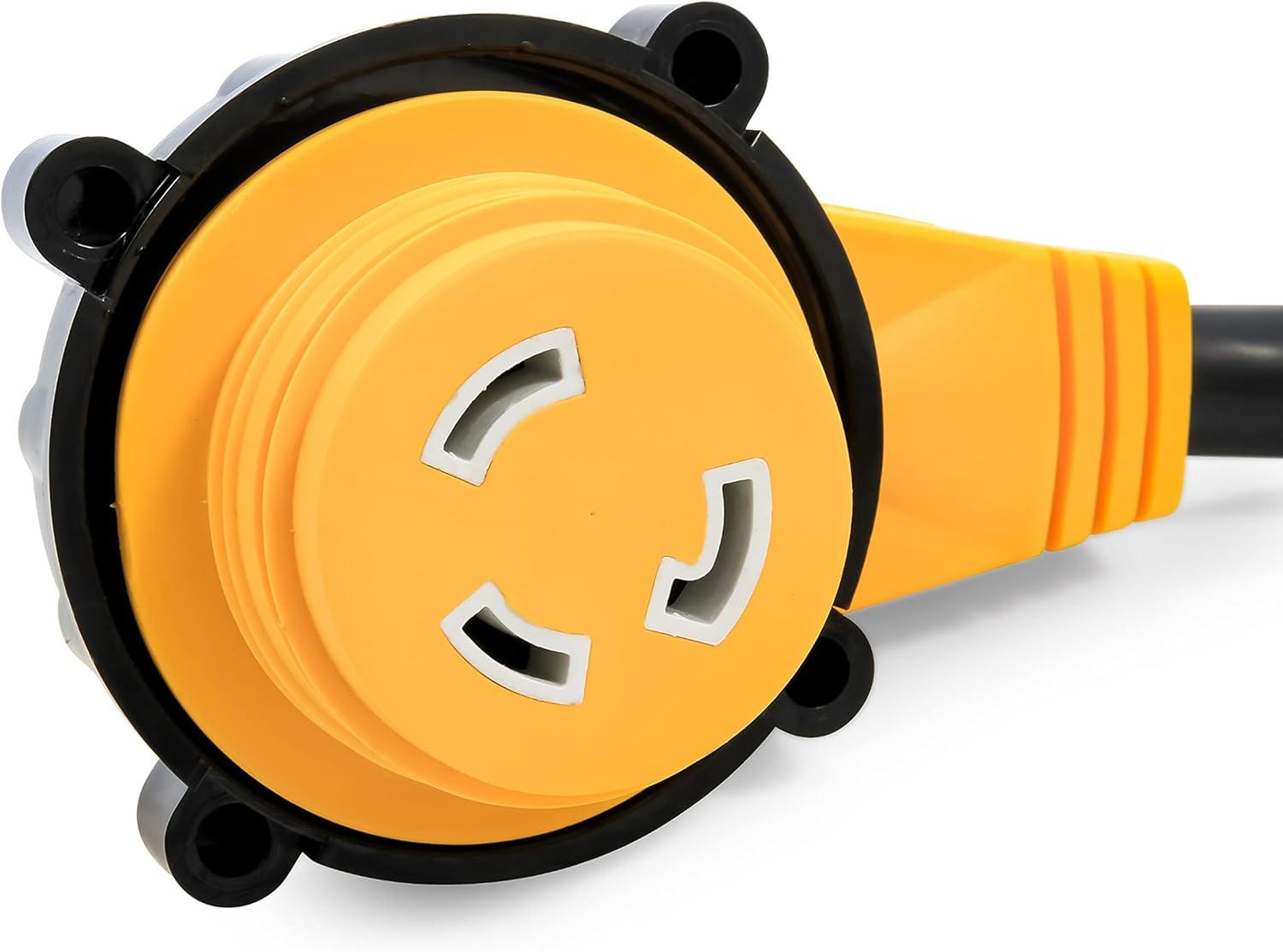 Camco 55636 Power Grip 12″ Dogbone with 90M/90F Locking Adapter – 15AM – 30AF, Yellow(One Size ...